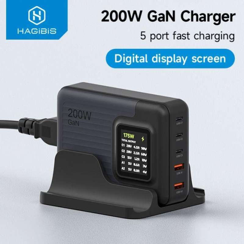 Jual Hagibis 200w Usb C Charger 5 Port Gan Desktop Charger With Display ...