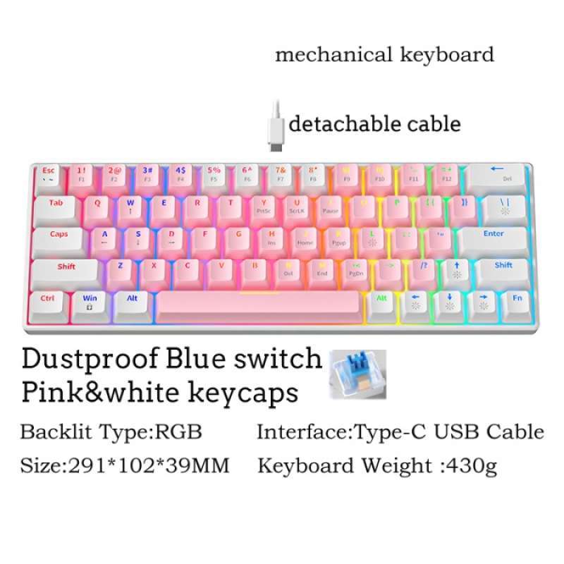 Jual Pink 63 Key Rgb Backlit Red Blue Switch Mechanical Keyboard ...