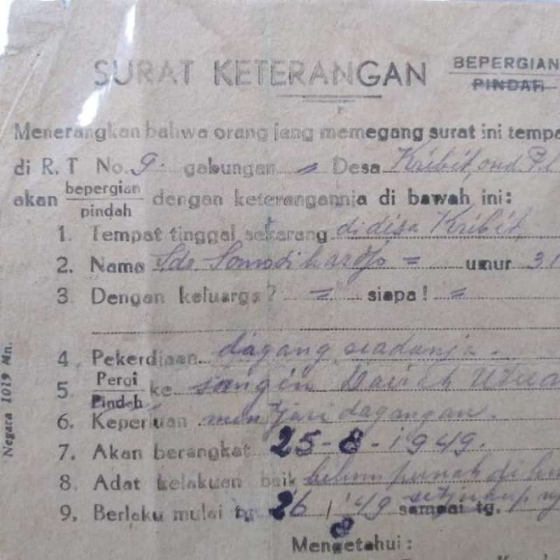 Jual Koleksi Dokumen Arsip Kuno Surat Keterangan Bepergian 1949 Madiun ...