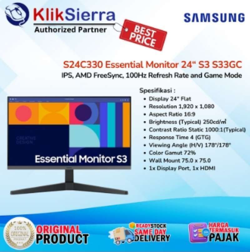 Jual Samsung S24c330 S3 Essential Monitor Flat 24 Ips 100hz 4ms Hdmi ...