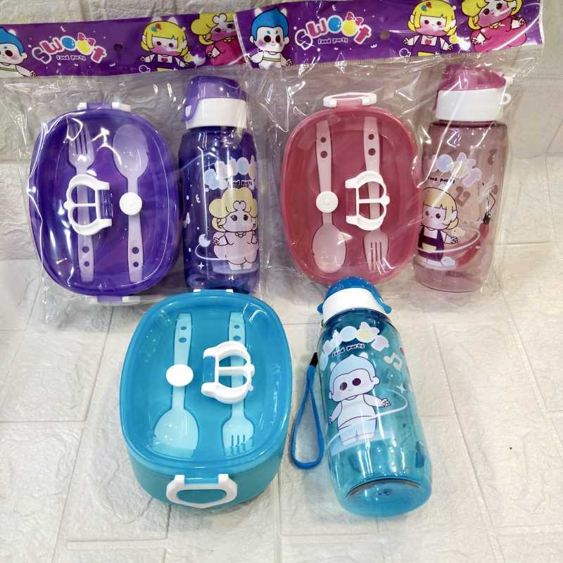 Jual Set Tempat Makan Sekat 2 Dan Botol Minum Free Sendok Garpu//set Lunch Box - 3108 Biru Di ...