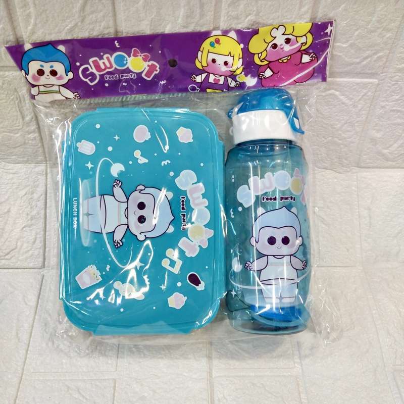 Jual Set Tempat Makan Sekat 2 Dan Botol Minum Free Sendok Garpu//set Lunch Box - 3108 Biru Di ...