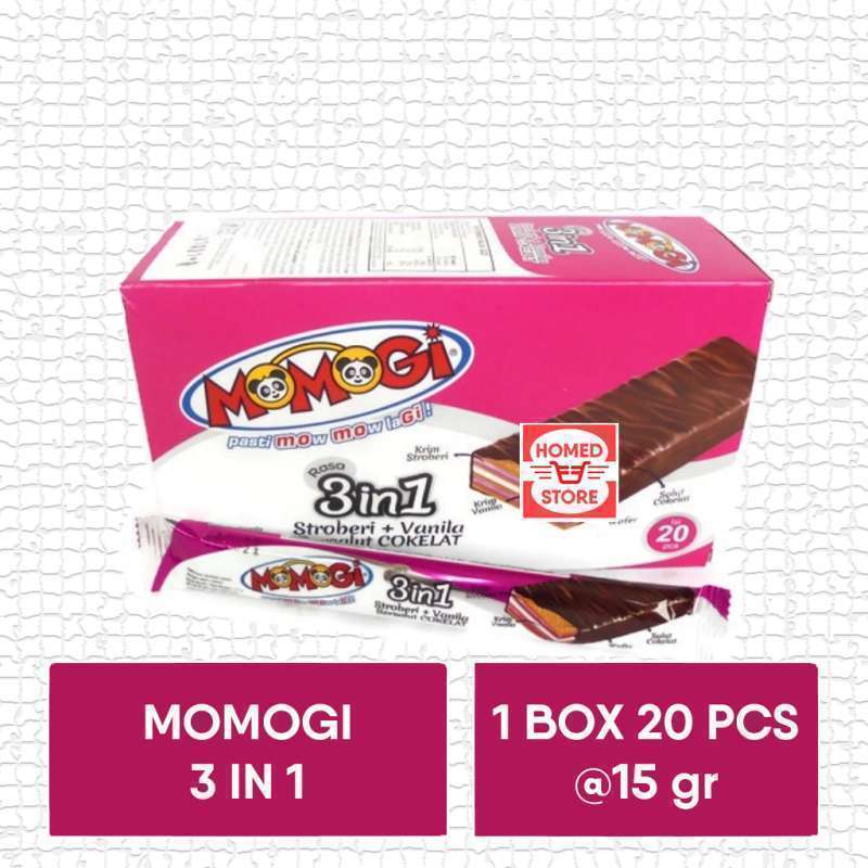 Jual 1 Box - Momogi 3 In 1 Wafer Bersalut Cokelat 15gr [20 Pcs] Di ...