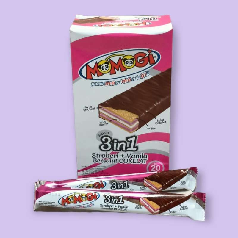 Promo 1 Box - Momogi 3 In 1 Wafer Bersalut Cokelat 15gr [20 Pcs] Diskon ...