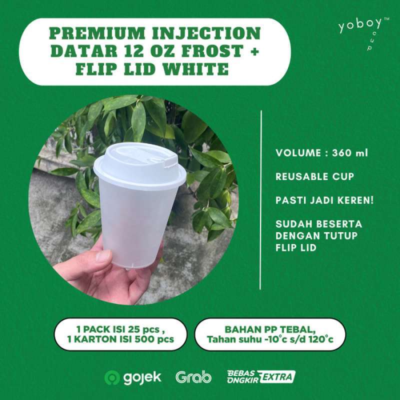 Jual Cup Premium Inject Datar 12oz Frost Doff + Tutup Flip Lid ...