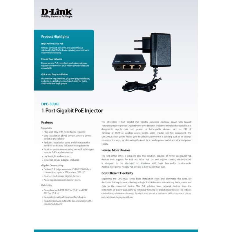 Promo D-link Dpe-300gi 1 Port Gigabit Poe Injector Diskon 41% Di Seller ...