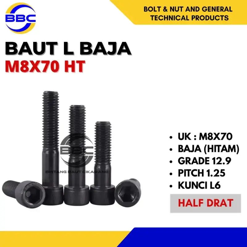 Jual Baut L Baja 12.9 M8x70 Ht Half Drat Baut L Baja / Hex Socket Cap ...
