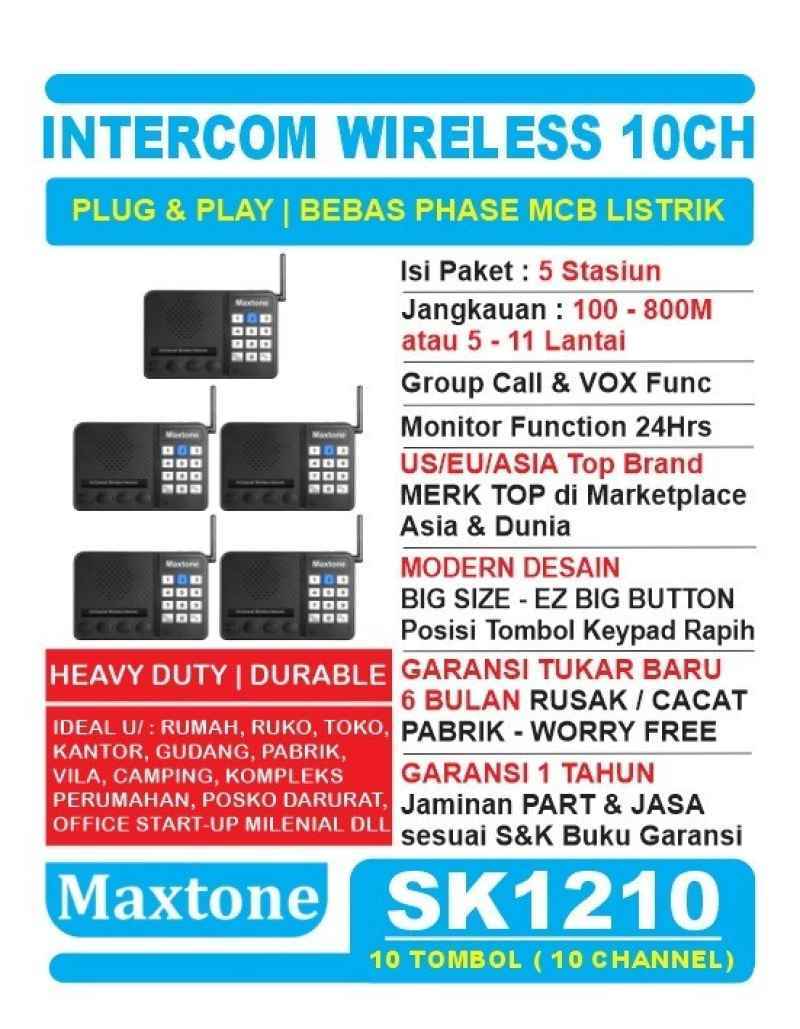 Promo 5 Unit Wireless Intercom 10ch - Long Range Maxtone Sk1210 Home ...