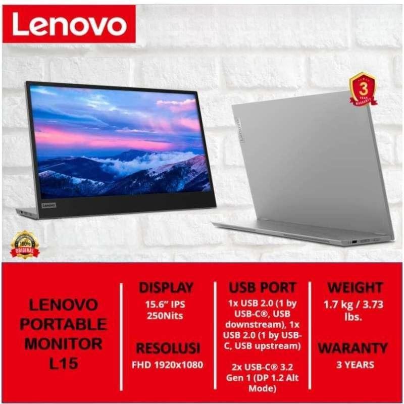 Jual Lenovo L15 Mobile Monitor Portable Fhd Ips 16:9 250nits Vesa Usb-c ...