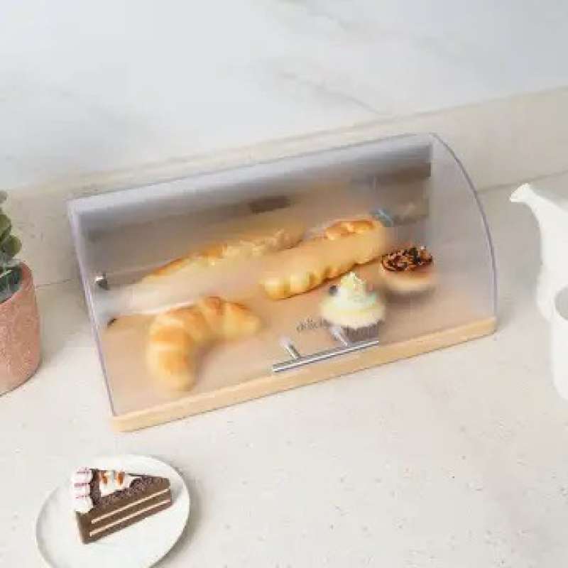 Promo Tempat Roti Transparan Tawar Bread Box Alas Kayu Tutup Plastik ...