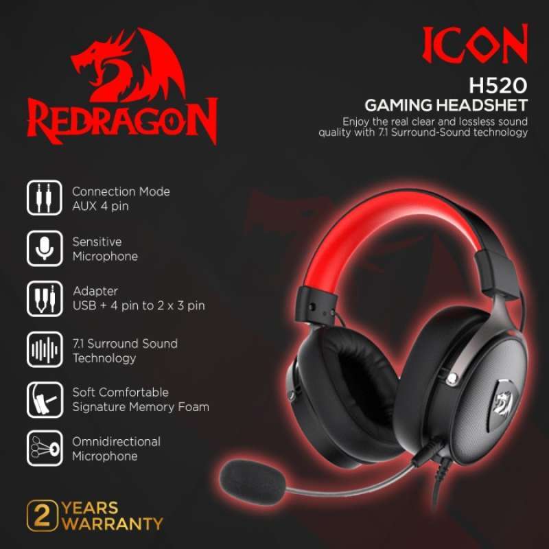 Promo Redragon Gaming Headset USB AUX 7.1 Surround Sound ICON - H520 ...