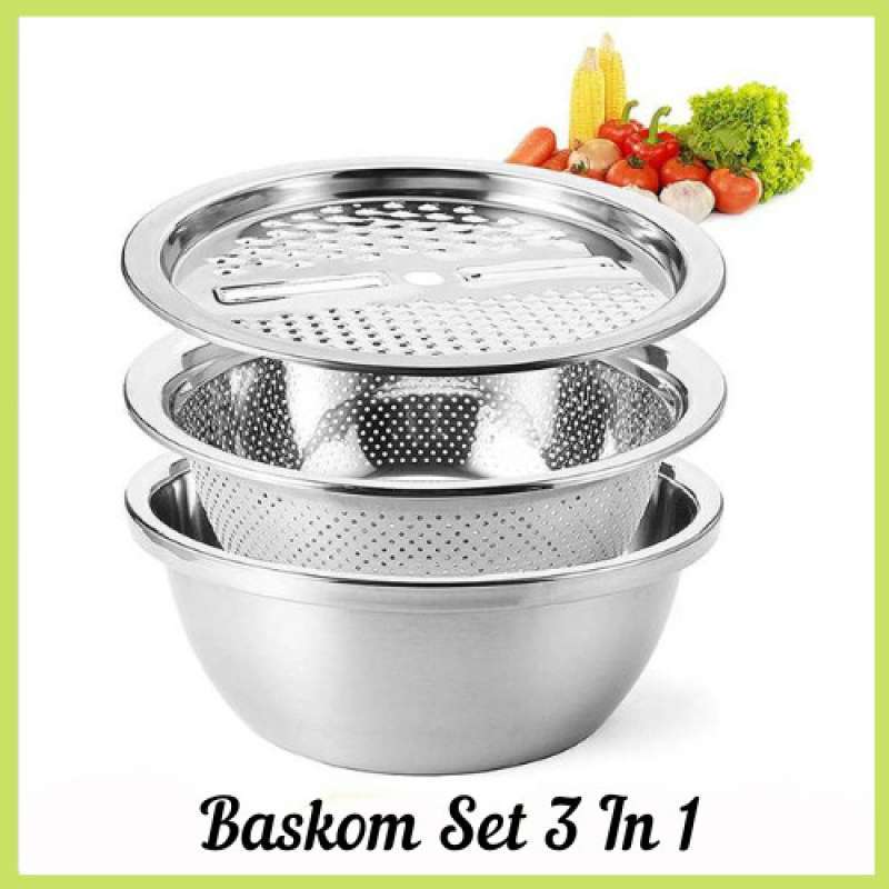 Promo Baskom Saringan Stainless Parutan Buah Sayur Set 3 in 1 Drain ...