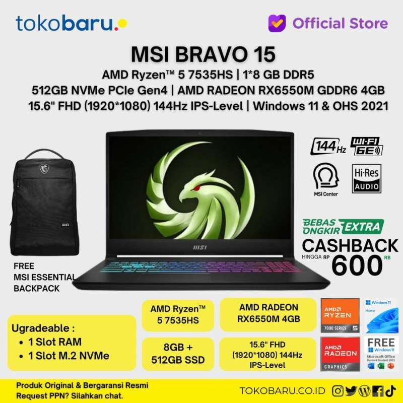 Jual Laptop Gaming Msi Bravo 15 B7ed-014 Ryzen 5-7535hs 512gb Rx6550m ...