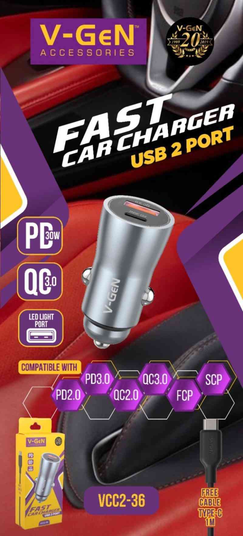 Jual Car Charger V-gen Vcc2-36 Dual Fast Charging Qc3.0 Pd 30w Type C ...