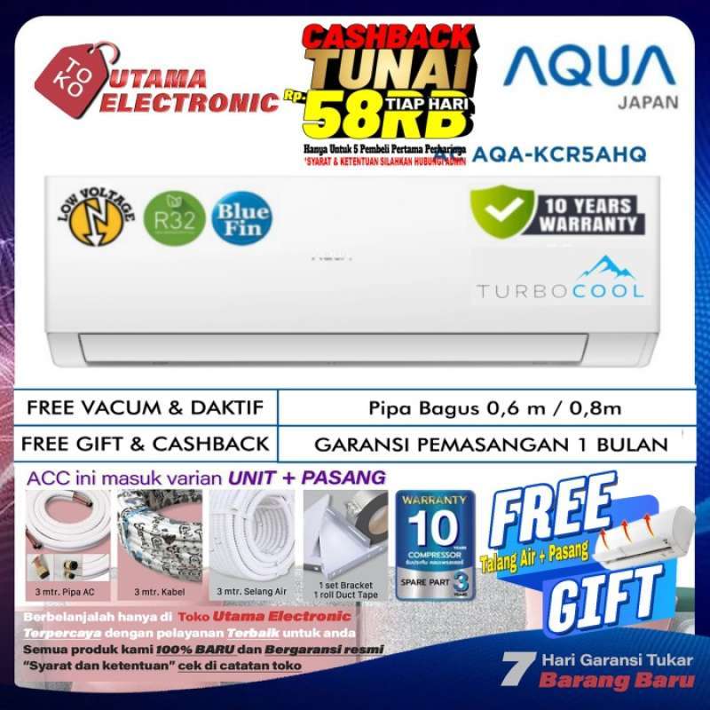 Promo Ac Aqua Japan 1/2 Pk 5 Ahr Low Watt Low Voltage + Instalasi Pasang R32 - Unit Only Diskon ...