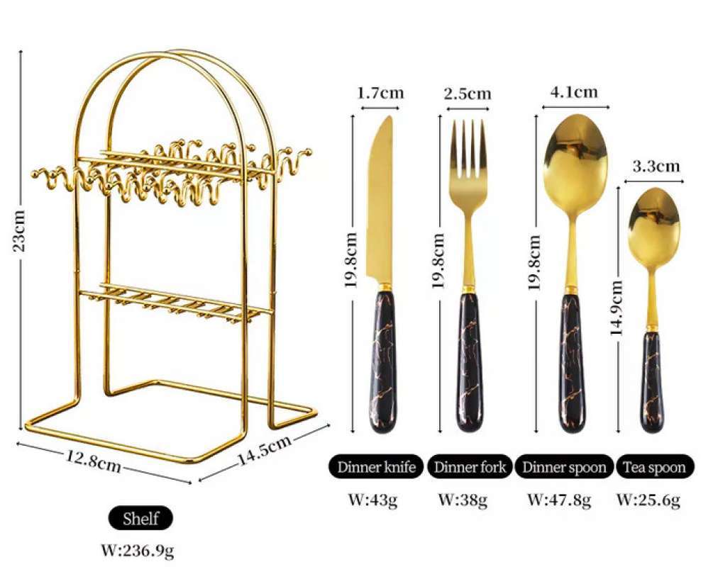 Promo Peralatan Makan Sendok Set Gold Marble Keramik Dengan Rak Cutlery ...