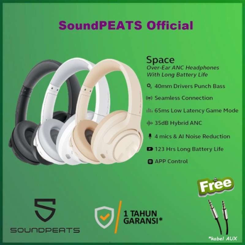 Jual Soundpeats Space Hybrid Anc Wireless Over-ear Headphone Headset ...