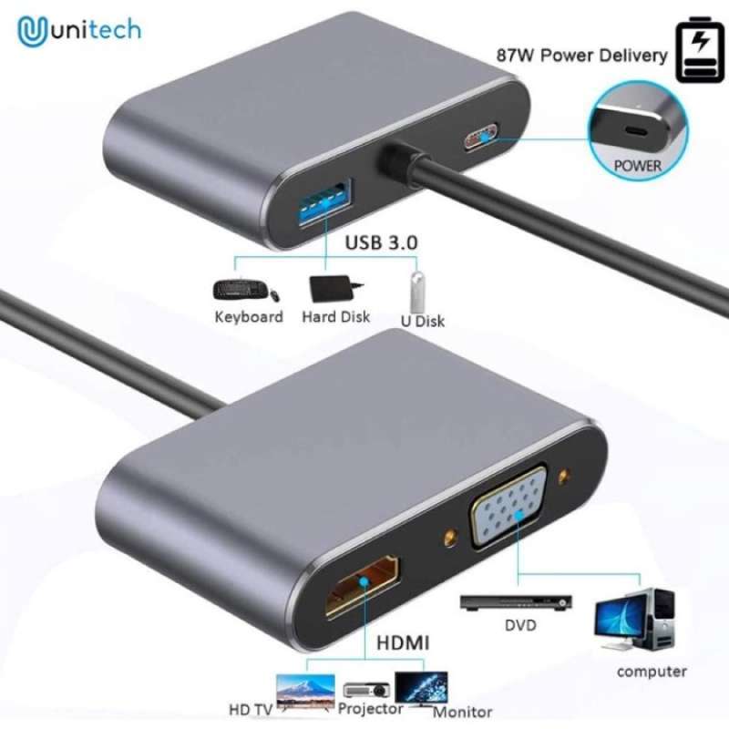 Jual Unitech Adaptor / Converter 4in1 Type-c To Hdmi + Vga + Usb 3.0 ...