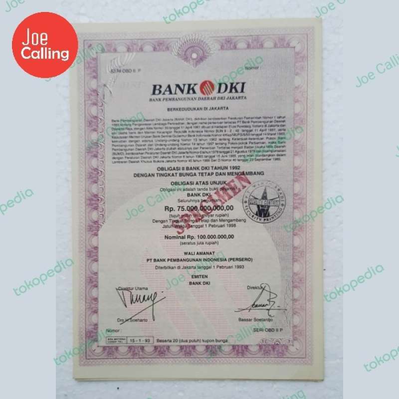 Jual Obligasi Specimen Bank Dki (kertas Merah) *dokumen *surat Kolektip ...