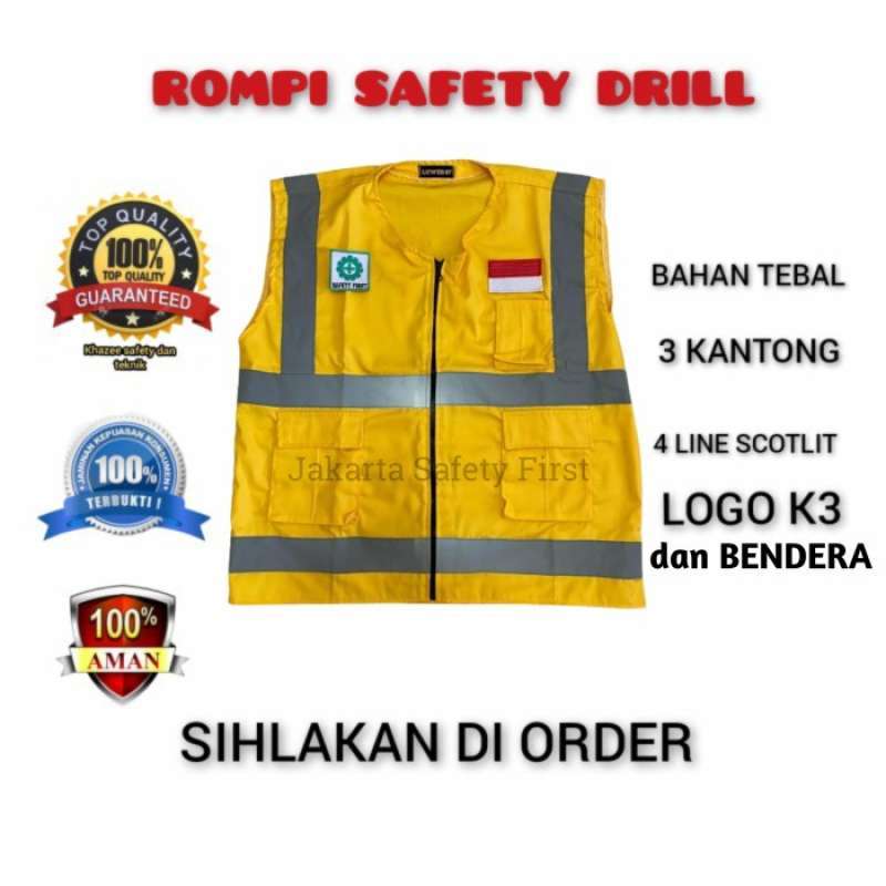 Promo Rompi Safety Drill Kuning Proyek + Logo K3 Dan Bendera Indonesia ...