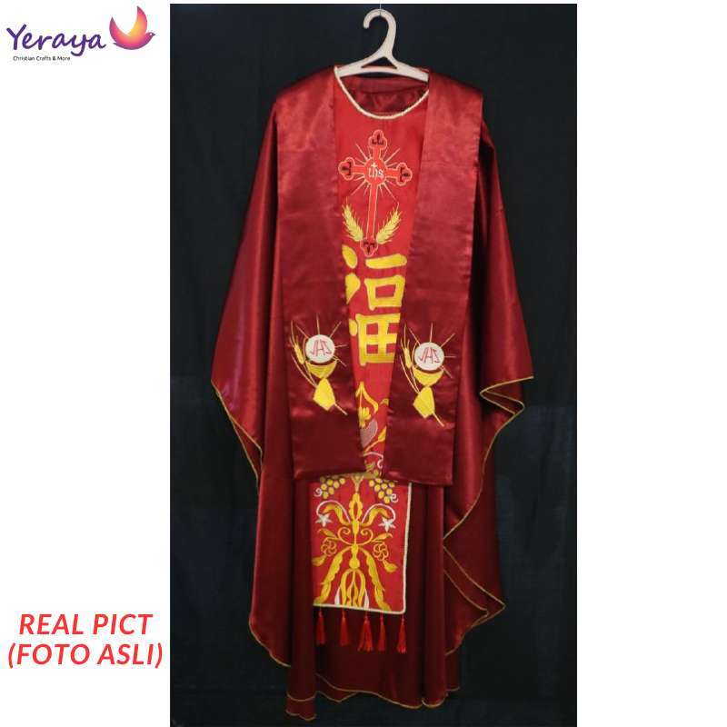 Jual Kasula Imam Roh Kudus Merah Ukir Bunga Salib Ihs Imlek Merah St ...