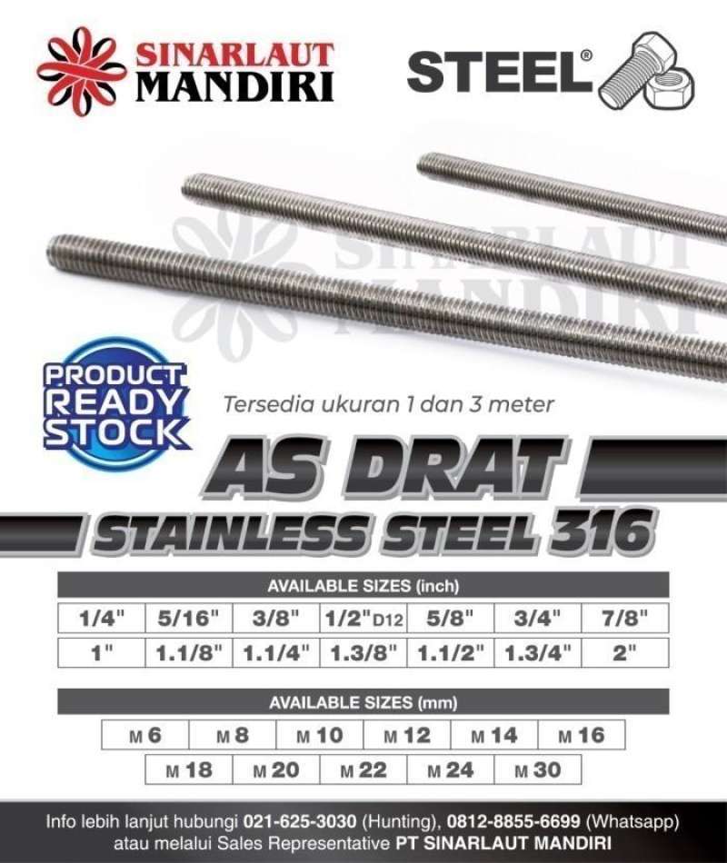 Jual Asdrat Stainless Steel 316 / Long Drat / As Drat Ss 316 (3m) M22 ...