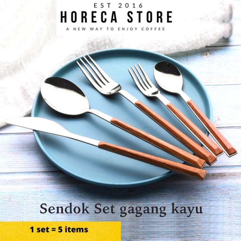 Promo Sendok Garpu Makan Set 5 In 1- Cutlery Set Wooden Handle Diskon ...
