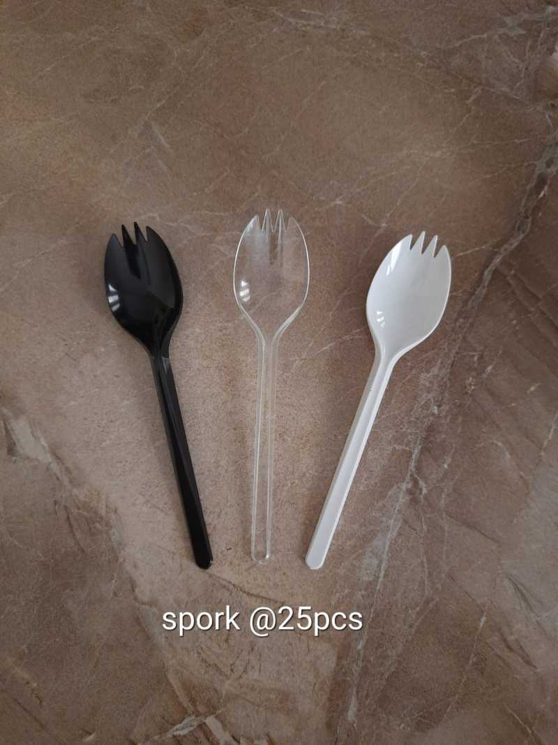Jual Spork Plastic Sendok Sekaligus Garpu 2 In 1 Isi 25 Pcs / Pak | Warna Hitam / Putih Susu ...