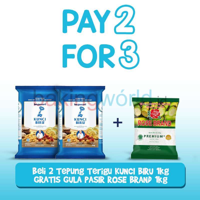 Promo (PAY 2 FOR 3) 2 Tepung Terigu Kunci Biru kemasan 1 Kg + FREE Gula ...