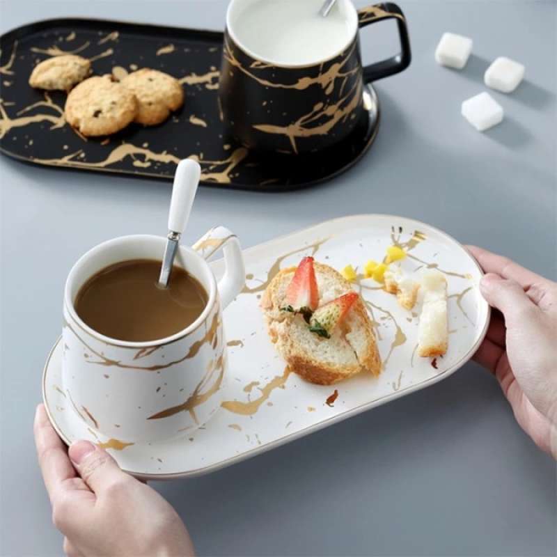 Promo Nordic Marble Coffee Mug Plate Set/ Set Piring Gelas Sarapan Gold ...
