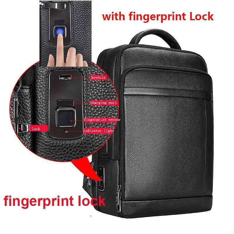 Promo Fingerprint Lock Men Backpack USB Genuine Leather Business Laptop ...