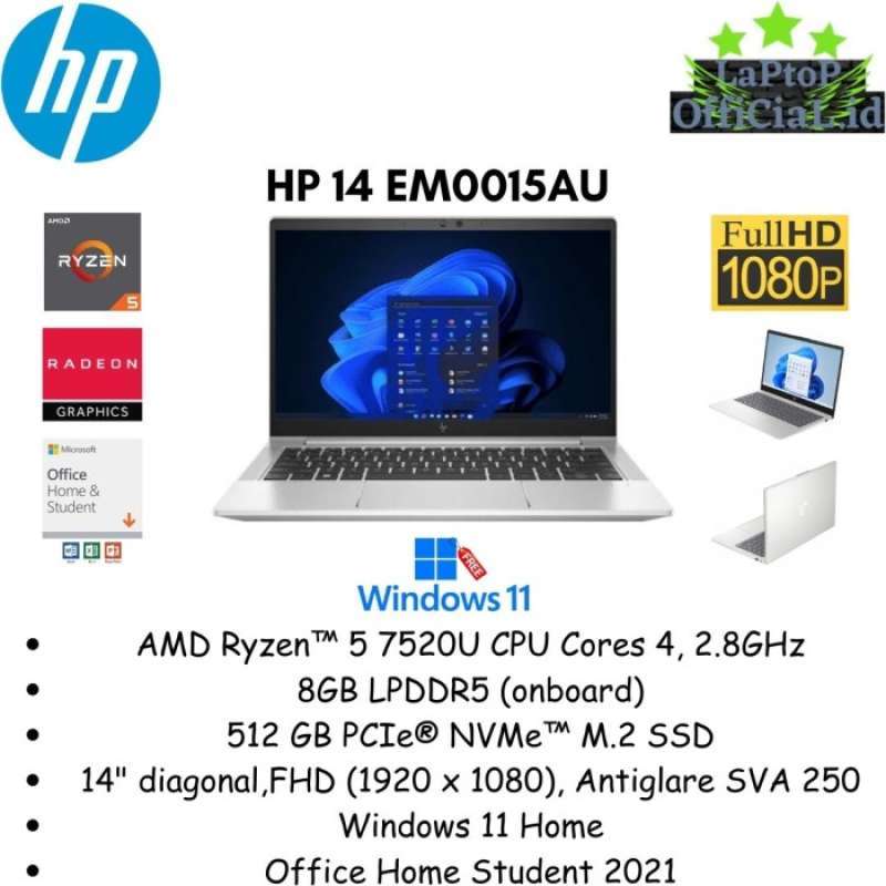 Promo LAPTOP HP 14 EM0015AU/EM0016AU AMD Ryzen 5-7520U 8GB 512GB 14 FHD ...