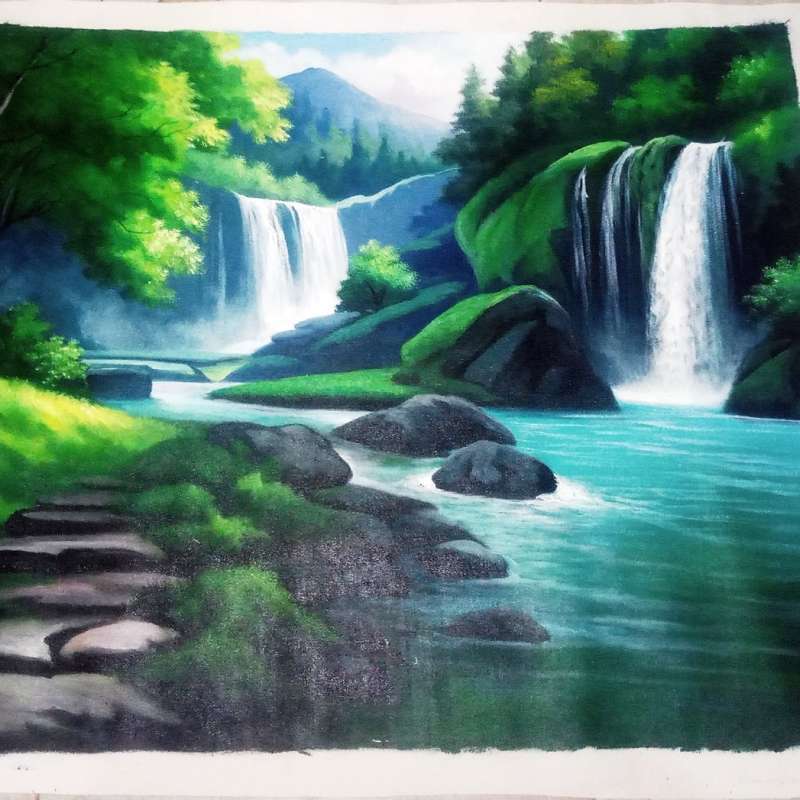 Lukisan Pemandangan Gunung Dan Air Terjun Lukisan Kanvas Pemandangan