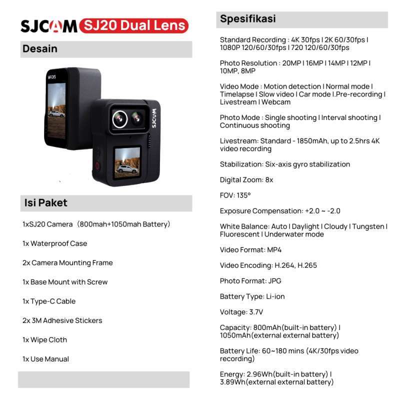 Promo Sjcam Sj20 Dual Lens Dual Screen 4k Action Camera - Premium ...