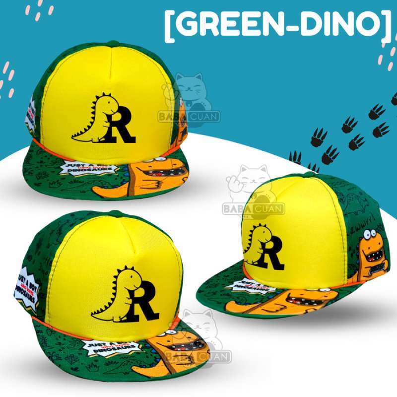 Promo Topi Anak Snapback Full Printing Alfabet / Huruf A-z Dino Green ...