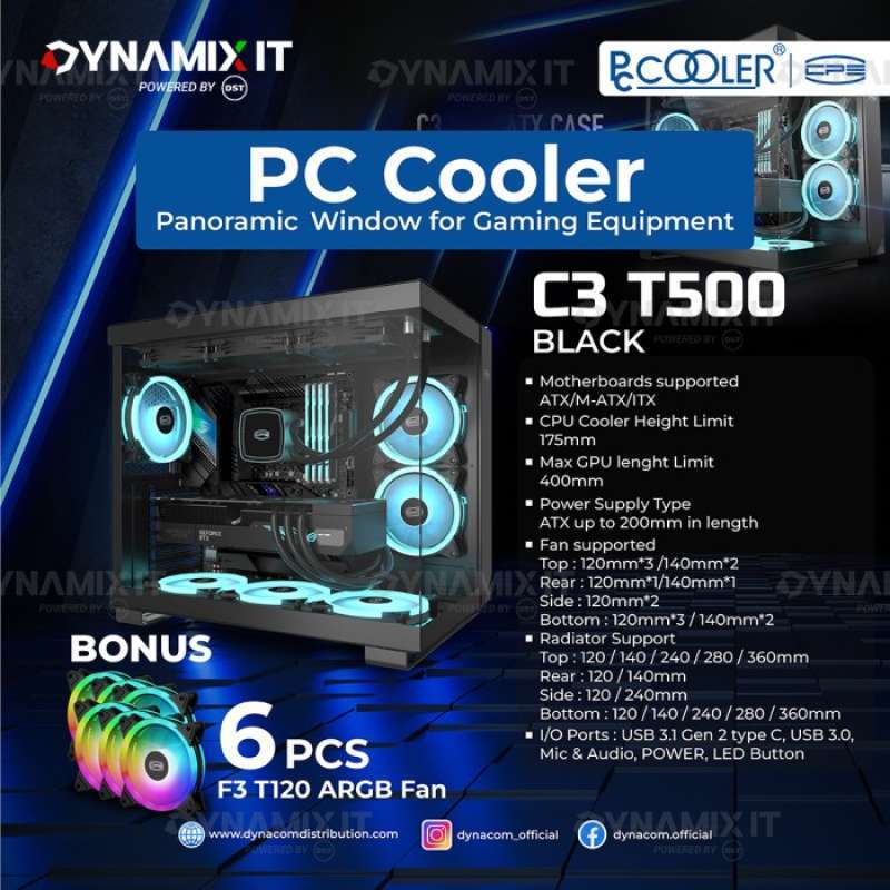 Jual Pc Cooler C3-t500 Panoramic Tg Atx Pc Case + 6x120mm Argb Fan ...