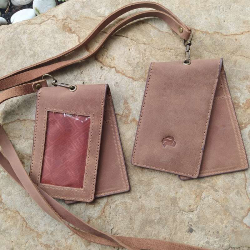 Jual Double Flip Id Card Holder Magnet Kulit Sapi Asli Name Tag Lanyard ...