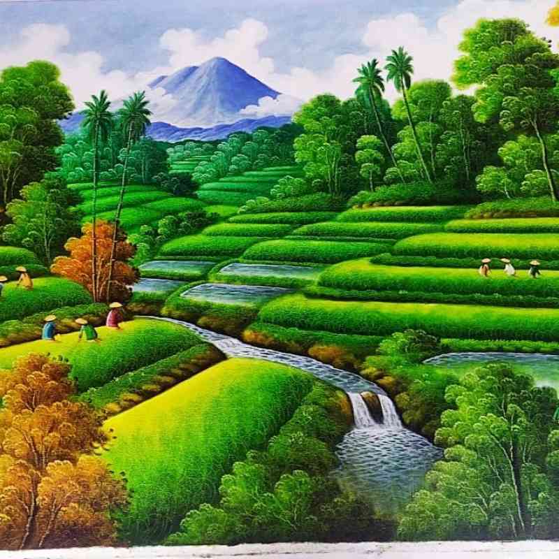 Promo Lukisan Pemandangan Indah Sawah Padi Hijau Dengan Petani Diskon 5 ...