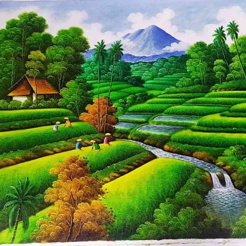 Lukisan Pemandangan Sawah Padi Lukisan Pemandangan Alam Gunung Dan
