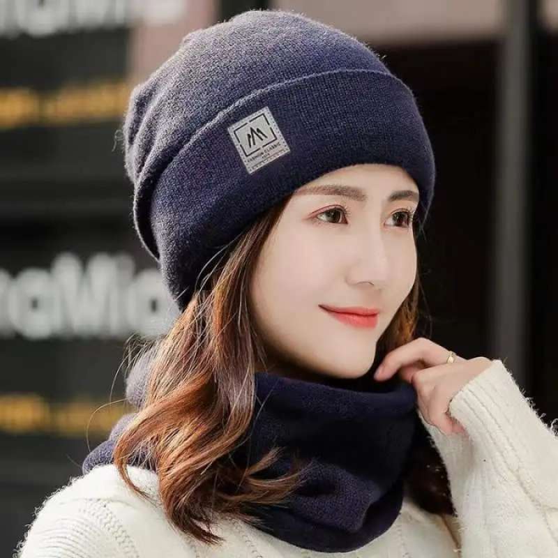 Promo Topi Musim Dingin Dan Syal Set Benies Korean Style Khusus Wanita Impor - Biru Navy Diskon ...
