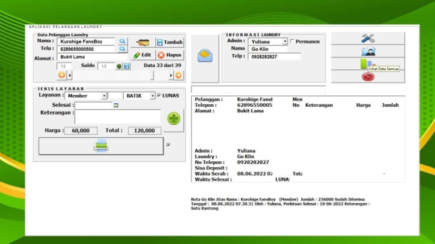 Jual Aplikasi Kasir Laundry Berbasis Vba Excel Otomatis Kirim Nota Di Seller Winter - Cengkareng ...