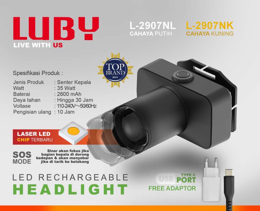 Promo Luby Head Lamp Type L 2907 35 Watt Senter Kepala Rechargeable ...