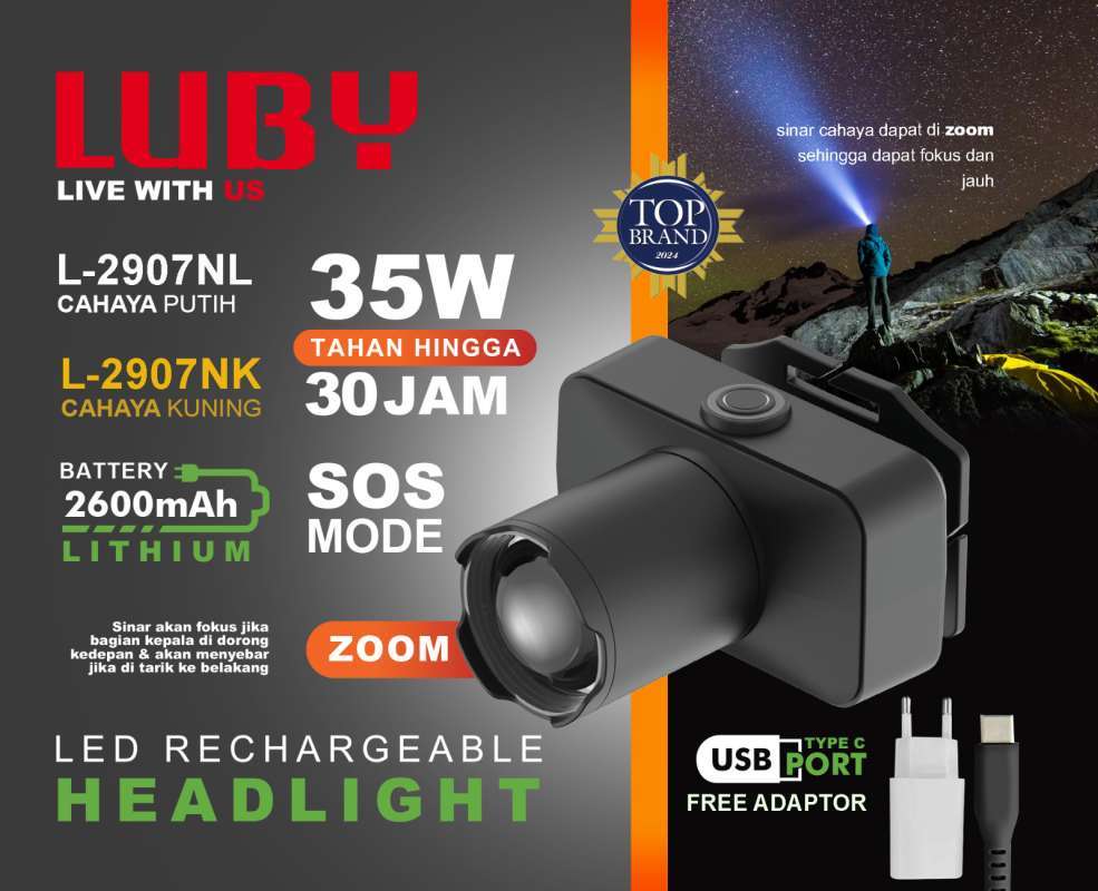 Promo Luby Head Lamp Type L 2907 35 Watt Senter Kepala Rechargeable ...