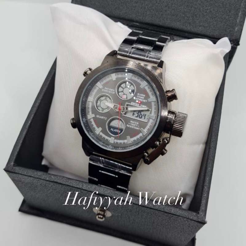 Jual Jam Tangan Pria Double Time Rantai Stainless Steel Simple Dan ...