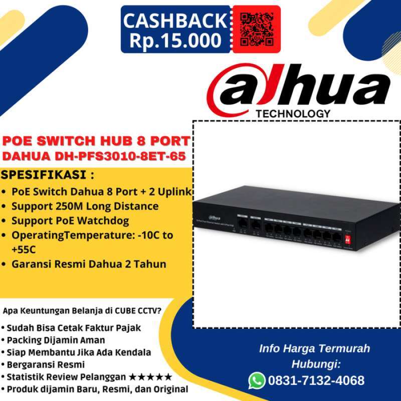 Promo POE SWITCH HUB DAHUA 8 PORT POE 2 UPLINK DH-PFS3010-8ET-65 ...