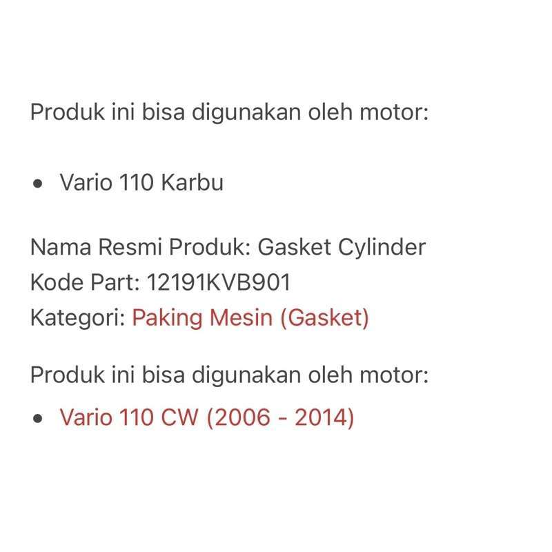 Jual PERPACK BLOCK GASKET CYLINDER VARIO CARBU 12191-KVB-901 HONDA AHM di Seller VICTORY MOTOR ...