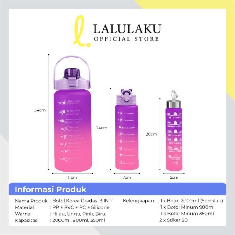 Promo Botol Minum Gradasi Viral Botol Motivasi Beranak 3in1korea 2l+1l+500ml - Ungu - Hijau ...