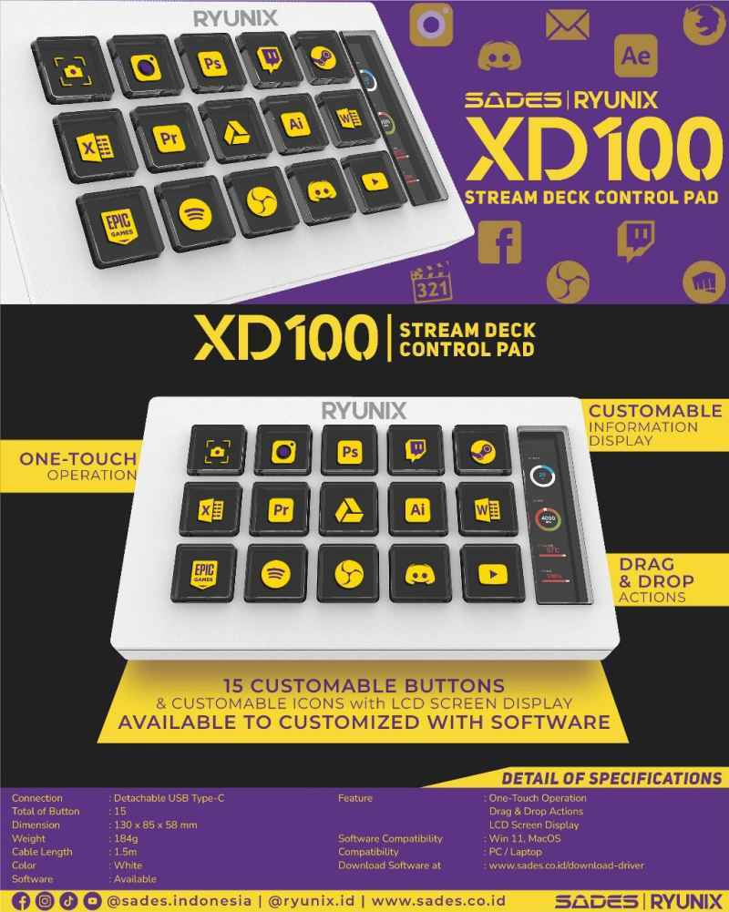 Jual Sades Ryunix Xd100 / Xd-100 Stream Deck Livestream Streamdeck Control Pad Di Seller Clover ...