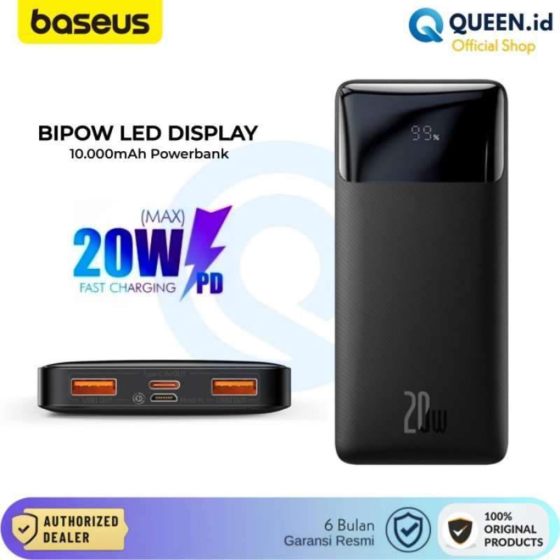 Promo Baseus Power Bank 10000 Mah 20w Bipow Lcd Display Usb Type C Qc 3 ...