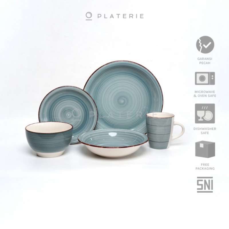 Jual Dinner Set Of 5 Piring / Mangkok / Mug Keramik Hurricane Blue Di ...